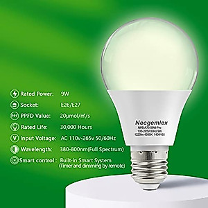 Necgemlex Smart LED Grow Light Bulbs with Remote Controller, Sun Mode, Built-in Daily Auto Timer, 4500K, A21/A70 E26/E27 9W Dimmable Full Spectrum Grow Bulbs for Indoor Plants, 2 Pack