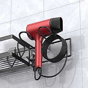 Nokgnoa Shower Caddy Organizer, No Drilling Rustproof Traceless Adhesive Shower Rack, 2 Pack Wall Mounted Shower Shelf with Hooks Hair Dryer Organizer for Bathroom Bedroom (Black)