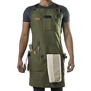 Asaya Chef, BBQ and Work Apron with Bottle Opener and Hand Towel - Durable 10oz Cotton Canvas, Brass Hardware and Cross Back Straps - For Men, Women, Grilling, and Cooking (Green)