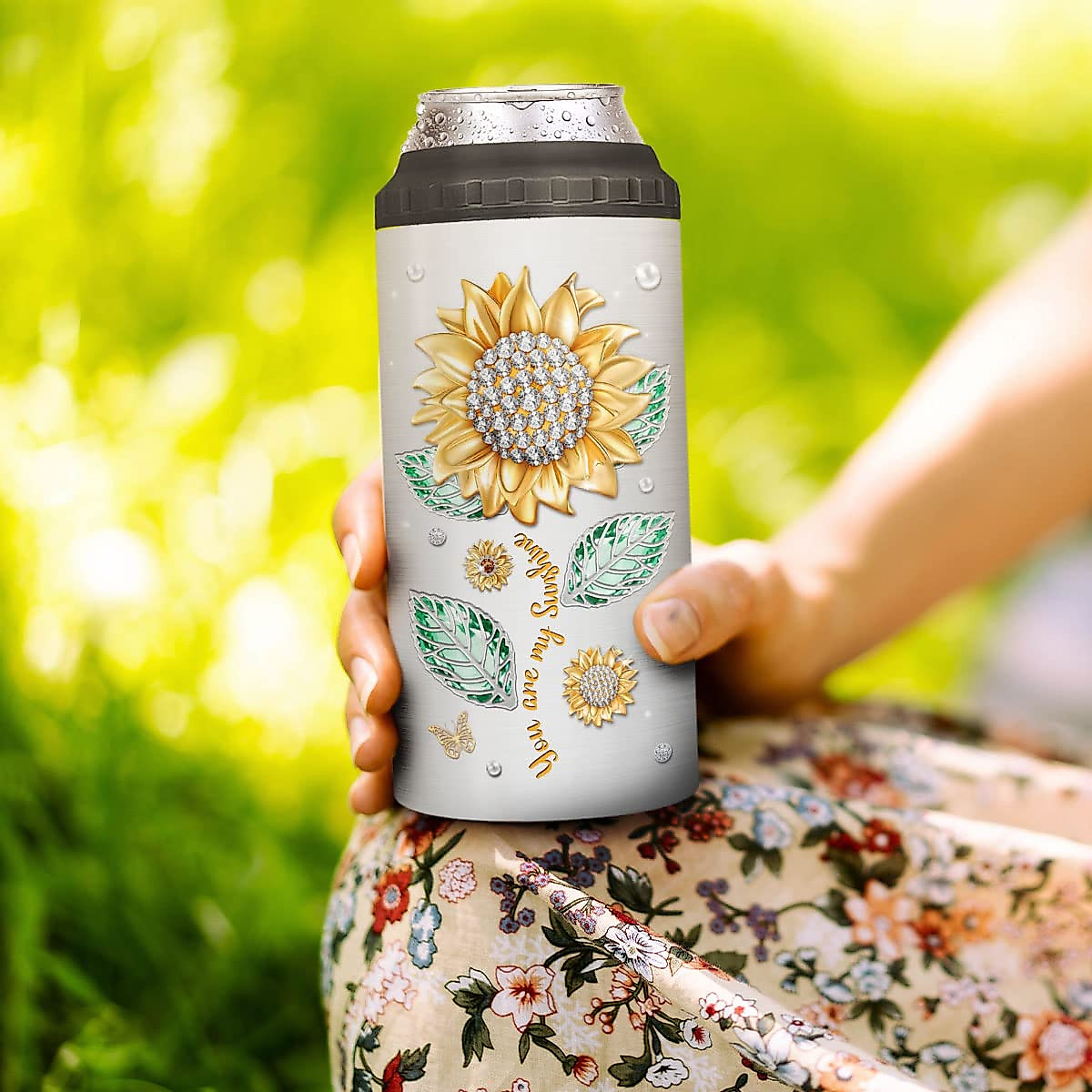 ZOXIX Sunflower Tumbler Can Cooler 16oz 4-in-1 Can Holder Travel Mug Jewelry Style Stainless Steel Insulated Cup Flower Print Sunflowers Personalized Name Gifts For Women Custom