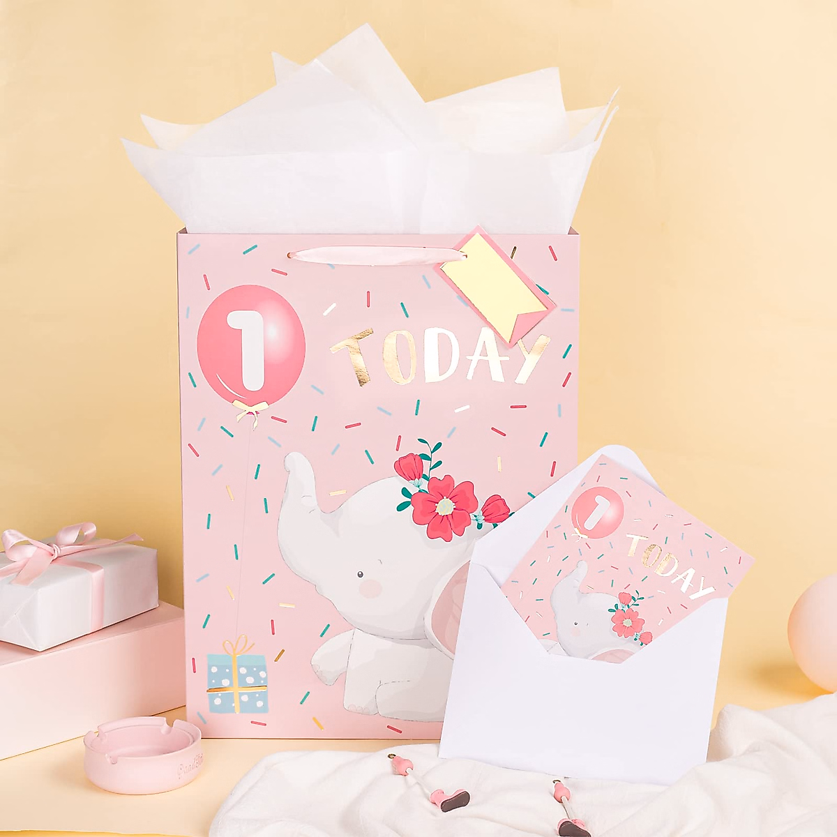 WRAPAHOLIC 16.5" Extra Large 1st Birthday Gift Bag with Card and Tissue Paper - Adorable Elephant Design for Baby Girl, Baby Shower, Party