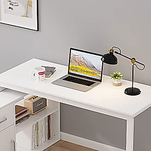 Homsee Home Office Computer Desk Corner Desk with 1 Drawer and 2 Shelves, 55 Inch Large L-Shaped Study Writing Table with Storage Cabinet, White (55.1" L x 41.3" W x 29.5" H)