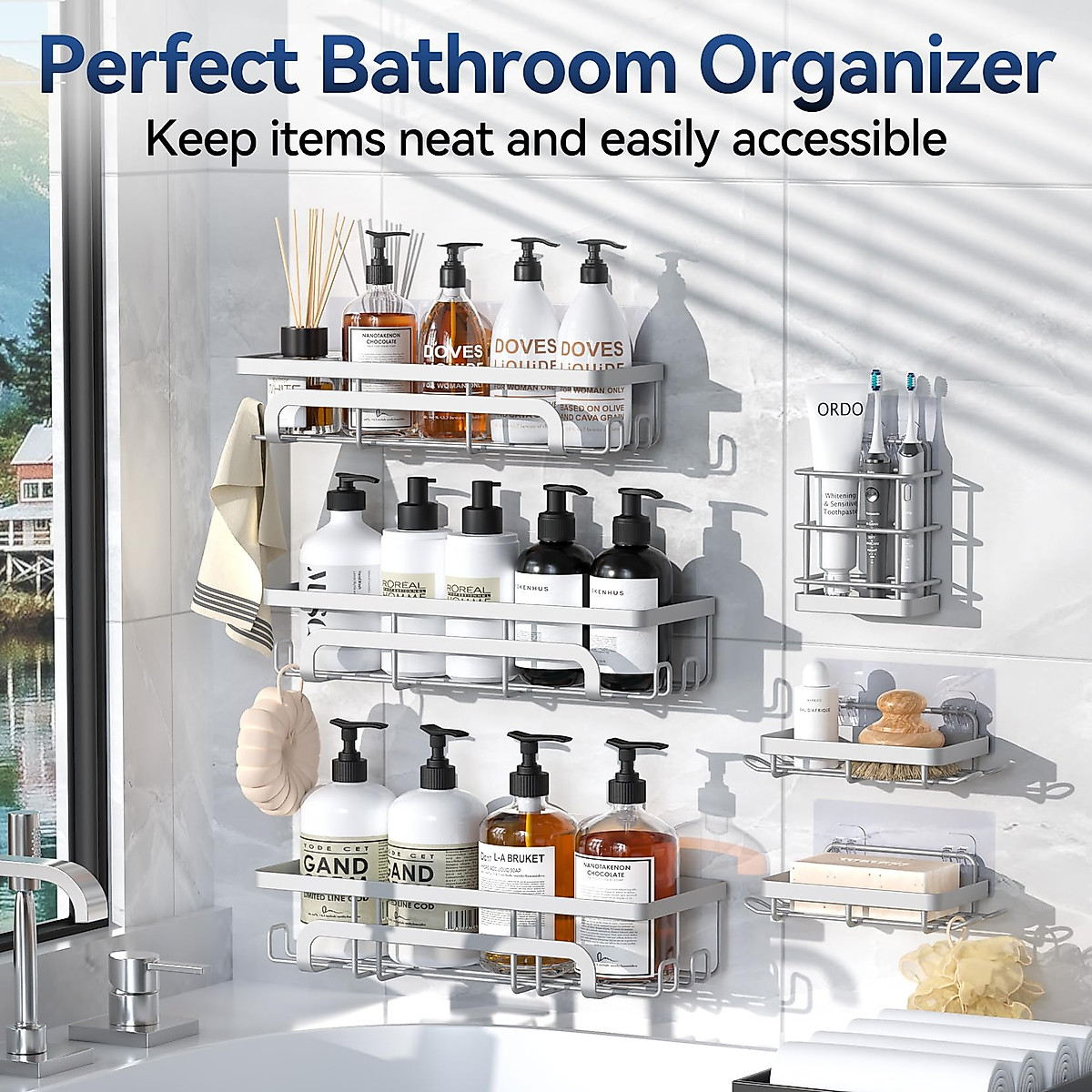 YASONIC Adhesive Shower Caddy, 6 Pack Shower Organizer with Soap Holder - No Drilling, Rustproof Shower Shelves, Shower Organizers and Storage for Inside Shower, Silver