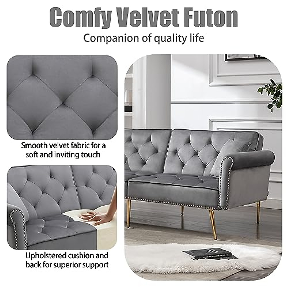 civama Futon Sofa Bed, Velvet 76" Twin Size Couch with 2 Pillows, Convertible 3-Seater 3 Adjustable Angle Tufted Sleeper with Nailhead Trim, Golden Metal Legs Folding Futon for Living Space, Gray