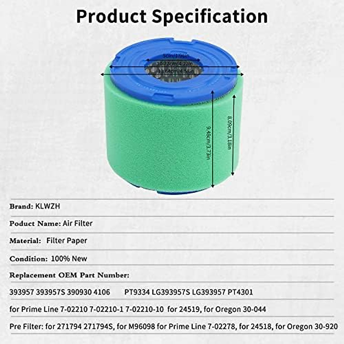 KLWZH 393957 Air Filter with 271794 270782 Pre Filter for 390930 393957 393957S 4106 24519 02451900 LG393957 LG393957S PT4301 PT9334 Lesco 006538