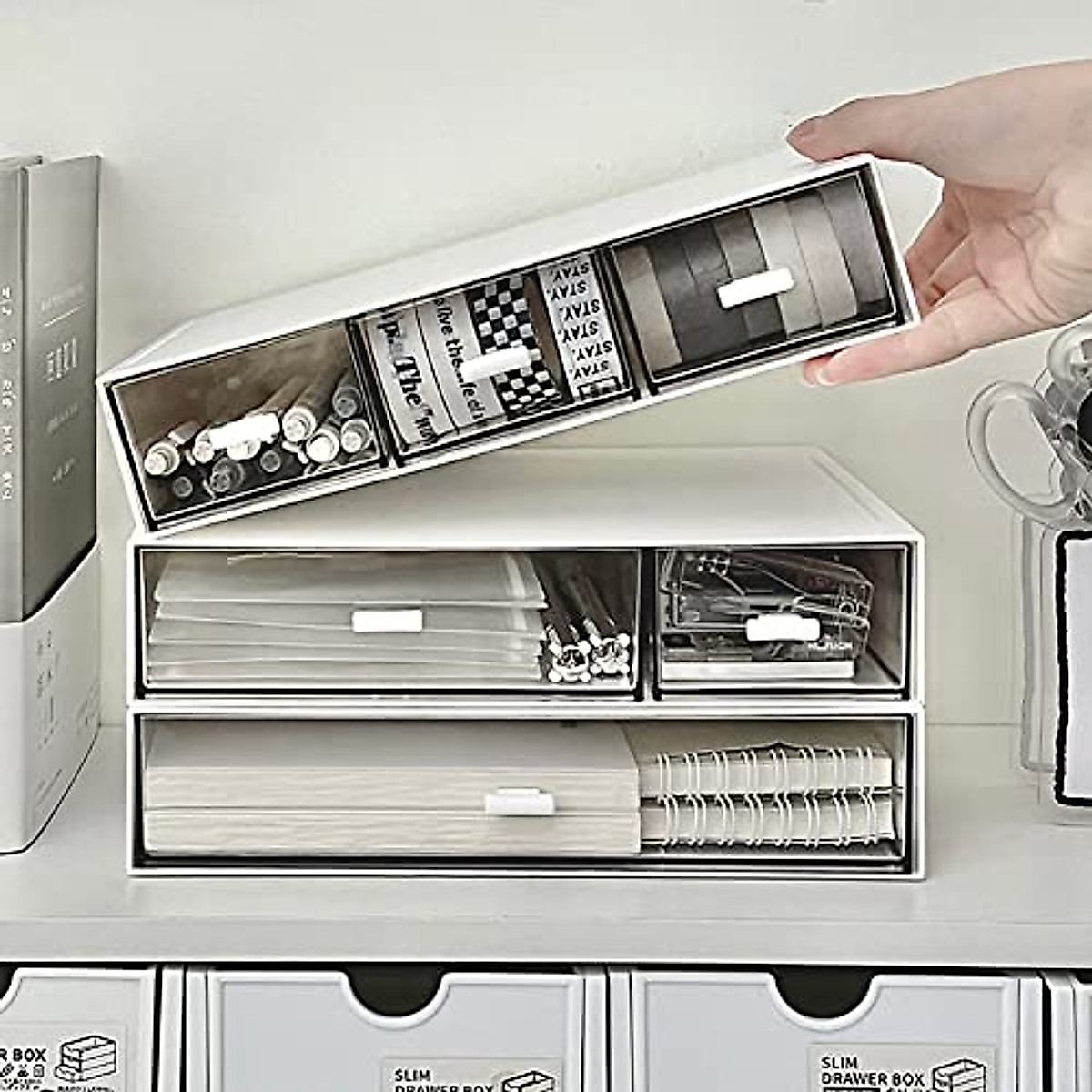 Stackable Desk Organizer with 6 Drawers, 3 Tier Plastic Desk Storage Box Desktop Drawers, Makeup Storage, Desk Organizer and Accessories for Desk, Cosmetic Skincare Storage Office School Home (White)