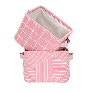 Sea Team Foldable Mini Square New Pink and White Geometric Theme 100% Natural Linen & Cotton Fabric Storage Bins Storage Baskets Organizers for Shelves & Desks - Set of 4 (Pink)