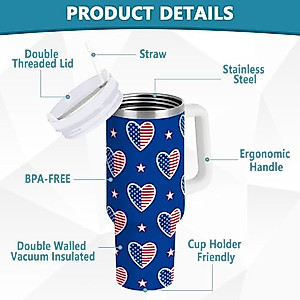 ARGTILDN 30 oz Tumbler 4th of July Hearts Insulated Travel Mug with Handle and Straw Lid Stainless Steel Vacuum Coffee Cup Tea Beverage Container Water Bottles for Car Sports office