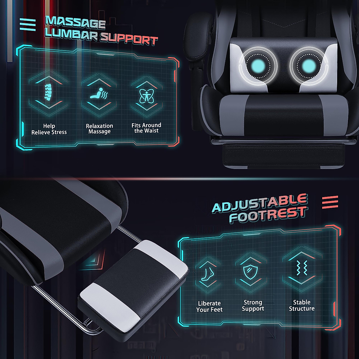 JUMMICO Gaming Chair Ergonomic Computer Chair with Footrest and Massage Lumbar Support, Height Adjustable Video Gaming Chair with 360° Swivel Seat and Headrest (White)