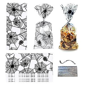 FAZHBARY 100 PCS Halloween Cellophane Bags Black Spider Halloween Goodie Bags Candy Spider Web Treat Bag Cello Bags Gift Bags for Party Wrapping Supplies