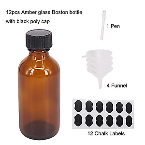 BPFY 12 pack 2oz Amber Boston Glass Bottle With Black Poly Cap, Funnel, Chalk Labels, Pen Dispensing Bottles for Homemade Vanilla Extract, Essential Oils, Herbal Medicine, Wedding Christmas Decor