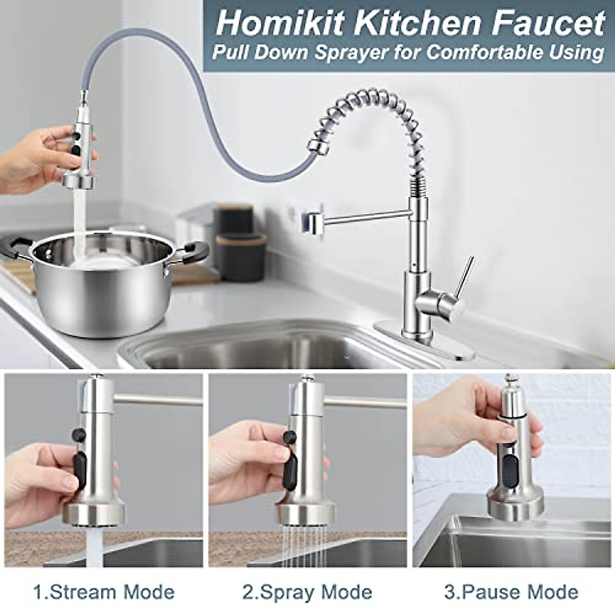 Homikit Kitchen Sink Faucet Brushed Nickel with Pull Down Sprayer, Stainless Steel Spring Kitchen Faucets with Deck Plate 1 or 3 Hole, High Arc Commercial Faucet for Farmhouse Laundry Utility Rv