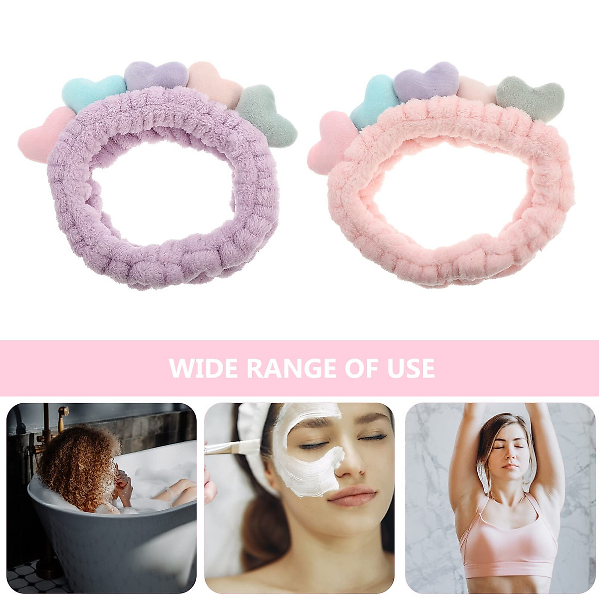 Luxshiny Elastic Hair Ties 2pcs Elastic Makeup Headband, Plush Spa Headband Heart Face Wash Headband for Makeup Washing Makeup Headband