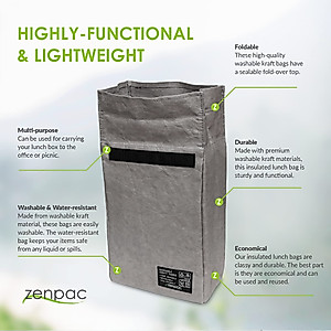 ZENPAC Insulated Lunch Containers, Washable Lunch Bags, Reusable Sandwich Tote with Foldover Top and Square Bottom, 8.5x4.5x12, Silver