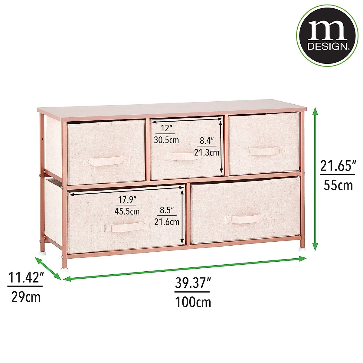 mDesign Chest of Drawers – Wide Set of Drawers with Wooden Top Shelf – Clothing Storage Tower for Socks, Underwear, Accessories – Pink/Rose Gold