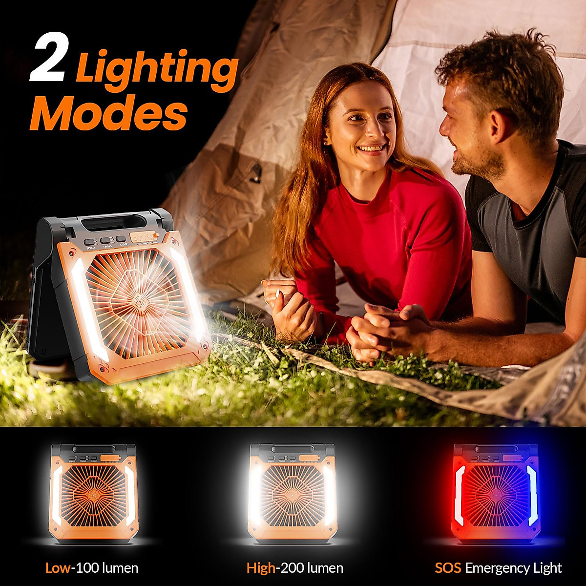 20000mAh Rechargeable Solar Powered Portable Fan with Led Lantern, 3 Speeds Cordless Battery Operated Camping Fan with PowerBank,Timer, Hangble & Quiet Desk Fan for Tent Hurricane Worksite (Orange)