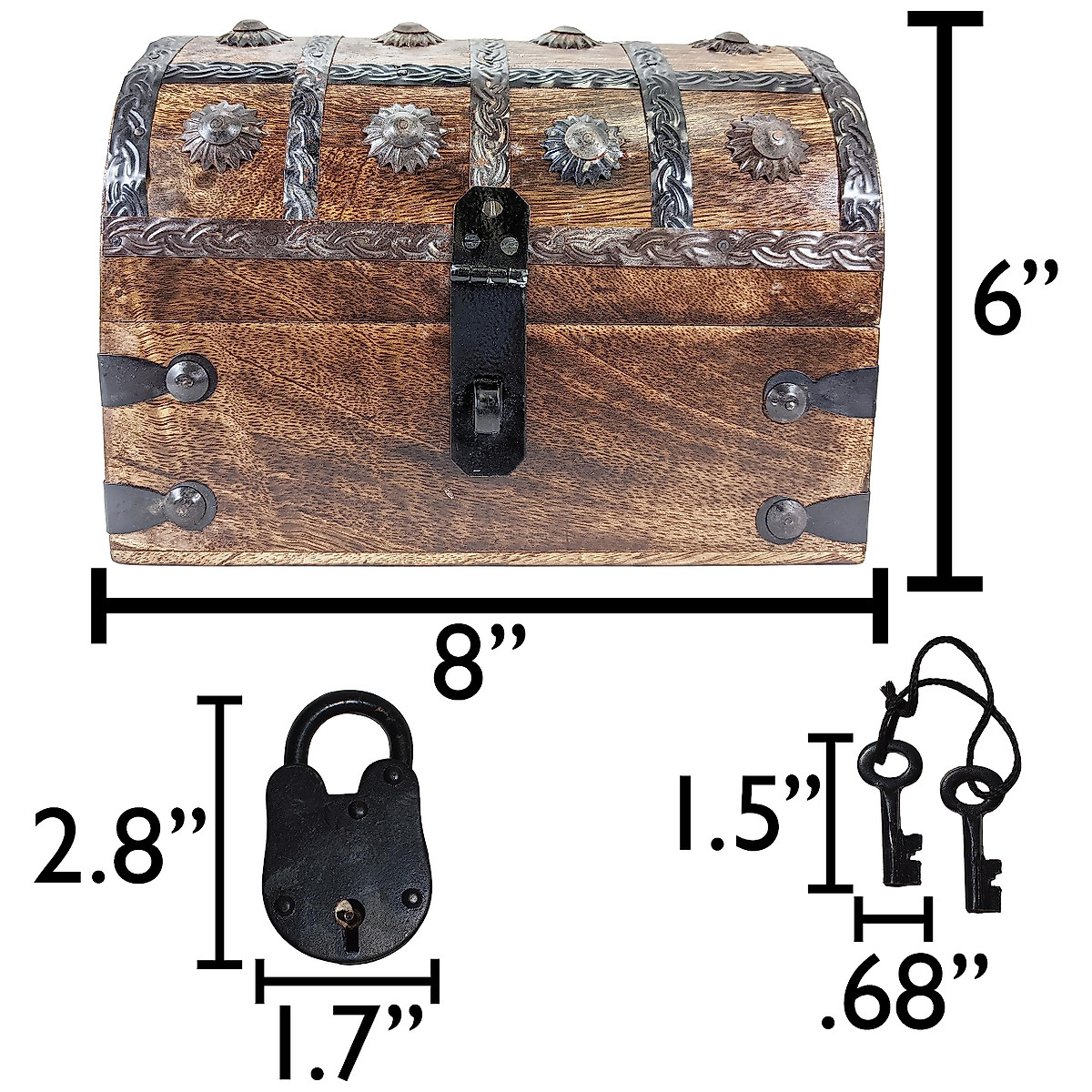 SciencePurchase Pirate's Treasure Chest Wooden Nautical Jewelry Box with Functional Lock and 2 Keys, Wood with Iron Accents, Hinged Lid, 8 Inches Long