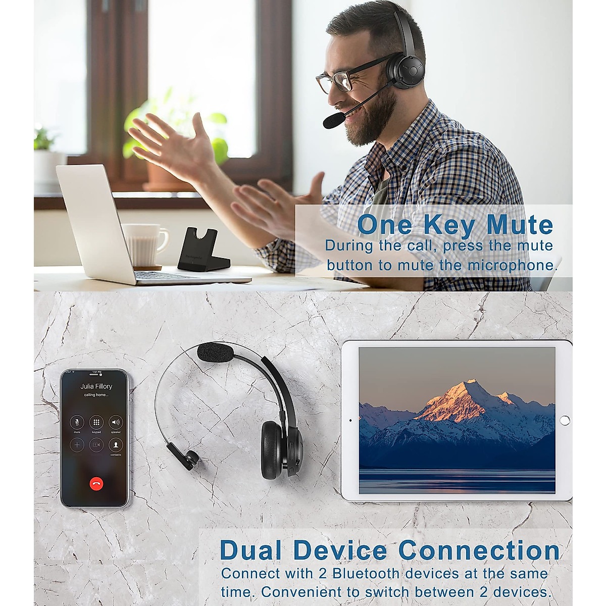 DECHOYECHO Bluetooth Headset, Trucker Bluetooth Headset with Microphone Noise Canceling Wireless On Ear Headphone with Charging Base for Cell Phone/Tablet/Computer Home Office Call Center