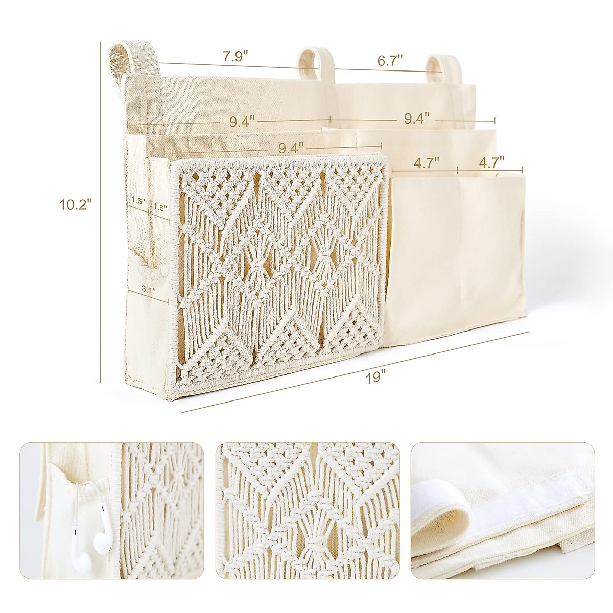 Mkono Macrame Bedside Caddy Storage and Macrame Storage Baskets Boho Decor for Bedroom Livingroom Home Dorm, Ivory, Set of 3