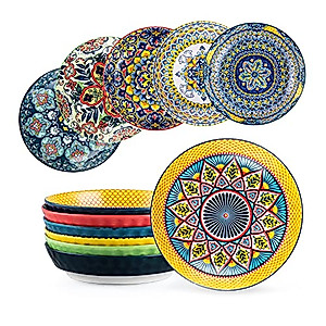 HENXFEN LEAD Pasta Salad Bowls Set of 6, Wide and Shallow Serving Dishes 27 Oz - 8 Inch Porcelain Soup Plates for Dinner, Kitchen and Eating - Bohemian style