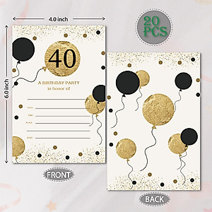 VNWEK 40th Birthday Party Invitations With Envelopes,Black and Gold Balloons Double-sided Printed Birthday Invitation Invite Cards for Women Men,40 Year Old Birthday Invites(20 Sets)