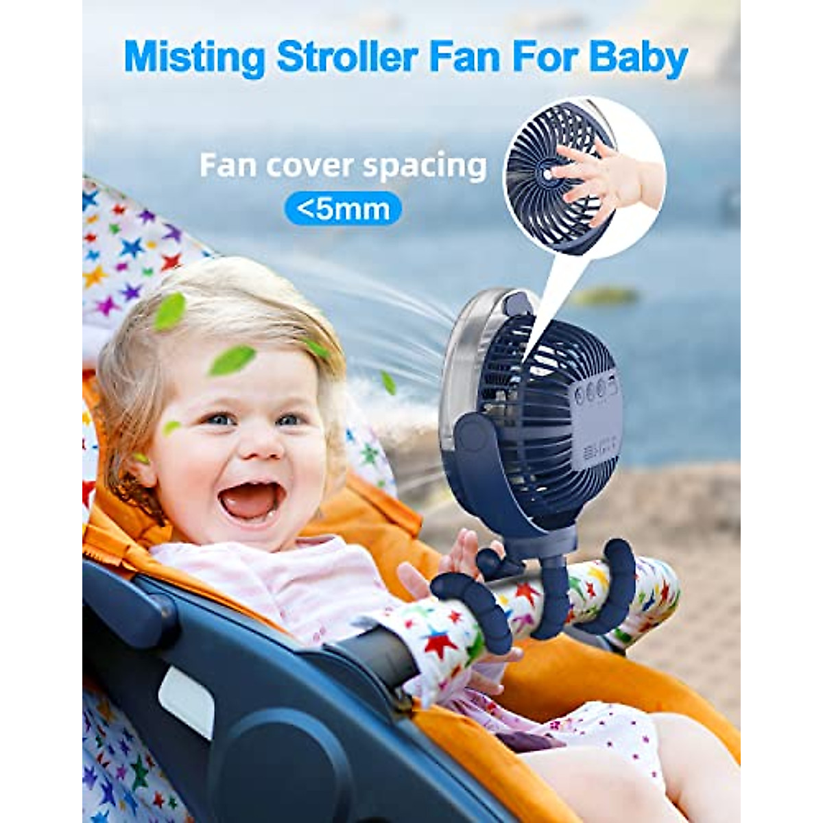 Portable Misting Fan, 6000mAh Stroller Fan with Light & 360° Pivoting Battery Operated Fan, USB Rechargeable Personal Mist Fan with Flexible Tripod for Baby, Office, Travel,Crib,Treadmill,Outdoors