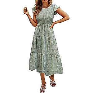 Hount Smocked Bohemian Dresses for Women Plus Size Casual Flowing Summer Modest Beach Dress with Pockets (FL1,XL)