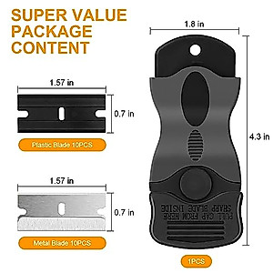 Ainiv Razor Blade Scraper, 2-in-1 Scraper Tool with 10PCS Metal Blades and 10PCS Plastic Blades, Multi-funtional Cleaning Razor Scraper for Decals, Stickers, Labels, Caulk, Adhesive, Paint Removal