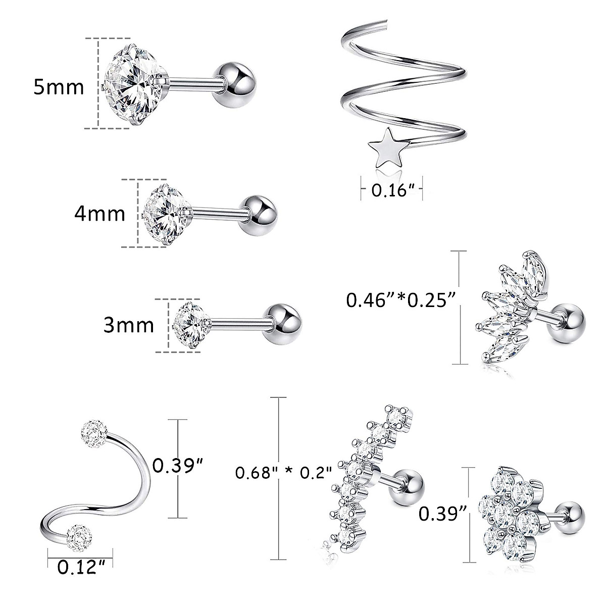 MILACOLATO Cartilage Earring 11Pcs 16G 18G Stainless Steel Cartilage Earrings Stud Hoops Conch Forward Helix Earrings Tragus Daith Piercing CZ Barbell Stud Cartilage Piercing Jewelry for Women of All Ages-silver