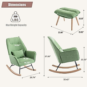 Altrobene Rocking Chair with Ottoman and Pillow, Glider Rocker Chair, Accent Arm Chair Lounger for Living Room/Bedroom/Nursery, High Back, Solid Hardwood Base, Green