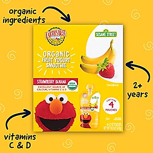 Earth's Best Organic Kids Snacks, Sesame Street Toddler Snacks, Organic Fruit Yogurt Smoothie for Toddlers 2 Years and Older, Strawberry Banana, 4.2 oz Resealable Pouch (Pack of 4)