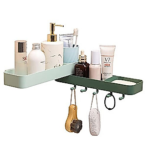 Bathroom Free Perforated Shower Caddy Corner,180°Rotatable Shower Shelf with 5-Hooks,Shower Caddy Dorm with Adhesive,Shower Organizer,Shower Caddy Basket Wall Mounted for Bathroom,Kitchen,Toilet,Green