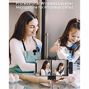 TeoTeeo 2pcs Wireless Lavalier Microphone for iPhone iPad with Charging Case, Wireless Lavalier Microphone for Single Person Continuous Recording 50H, 3 Modes Noise Canceling Mini Microphone, 120ft