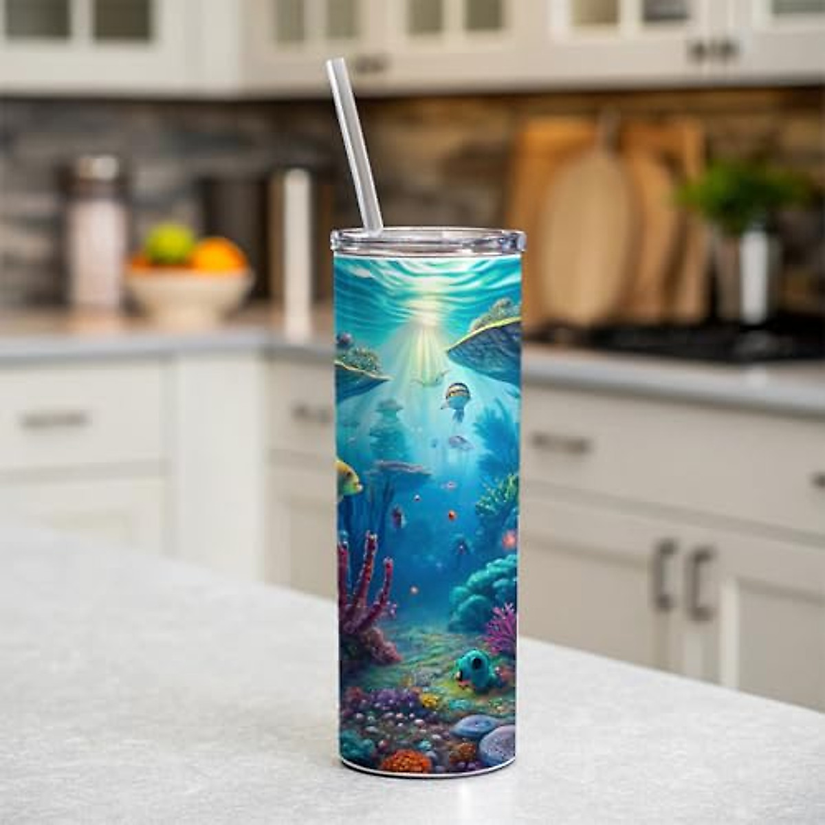 Psychedelic Underwater Ocean Scene Skinny Tumbler 20oz with Straw Insulated Water Bottle Gift