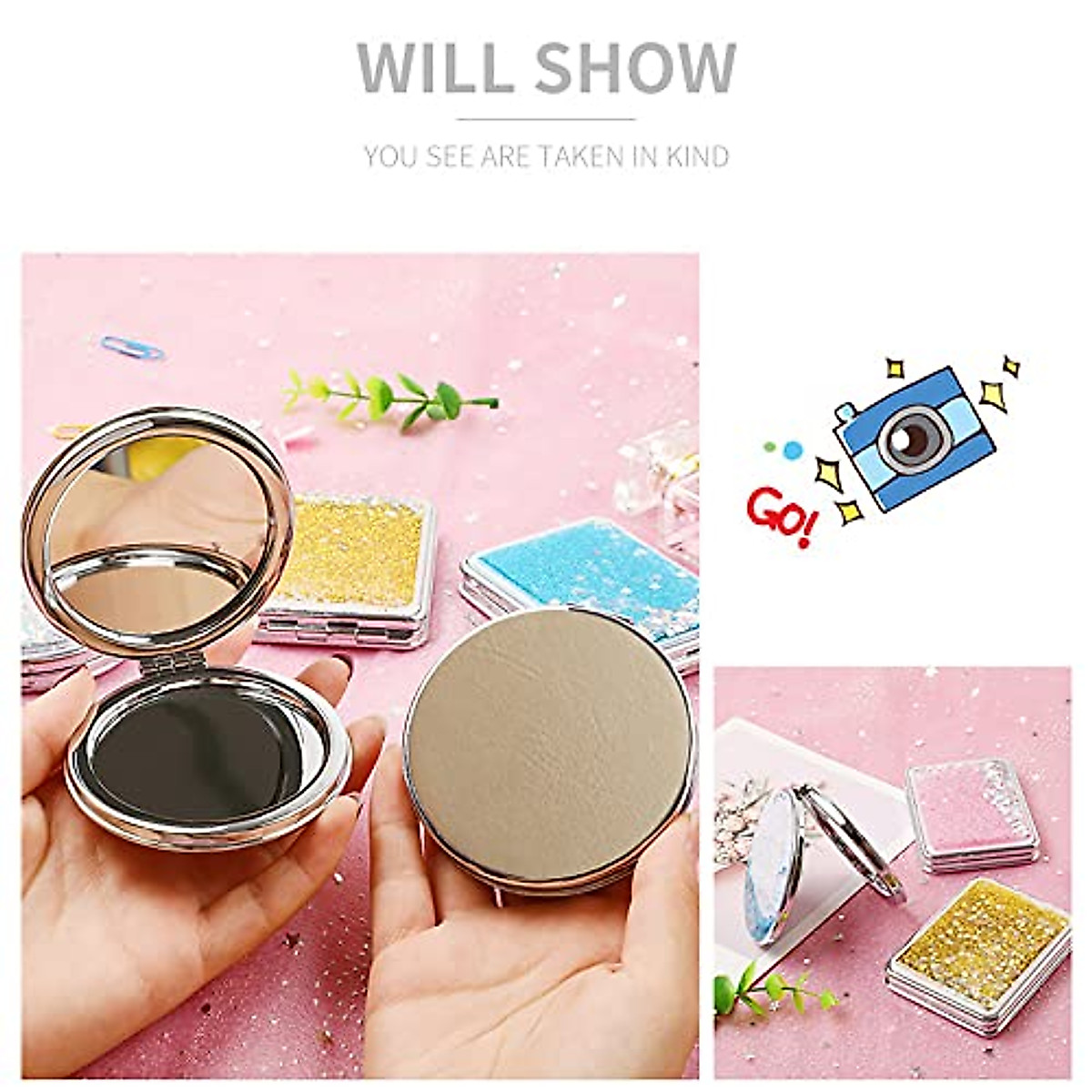 Creative Quicksand Makeup Mirror Double-Sided Portable Compact Mirror Glitter Foldable Fashion Hand Mirror Portable Travel Pocket Makeup Mirror (Round-Gold)
