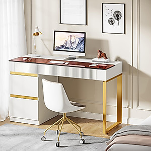 Tribesigns Computer Desk with 4 Drawers, 47 Inch Modern Home Office Desk with Glass Top, White and Gold Writing Workstation Desk with Storage, Makeup Vanity Table for Living Room, Bedroom