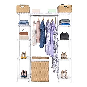 Seville Classics Closet Garment Organizer with Metal Hanging Rod Wardrobe Storage System, w/ Steel Shelves for Clothes, Shirts, Jackets, Coats, Blankets, Shoes, White, Expandable Rack