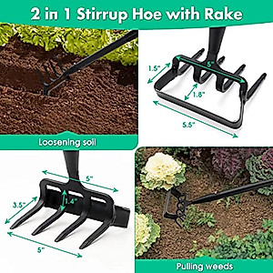 Stirrup Hoe and Cultivator for Weeding, 2 in 1 Heavy Duty Action Hoe with 62 Inch Adjustable Handle Scuffle Garden Hula Hoe with Rake, Metal Weeding Loop Stirrup Hoe for Weed Puller and Loosening Soil