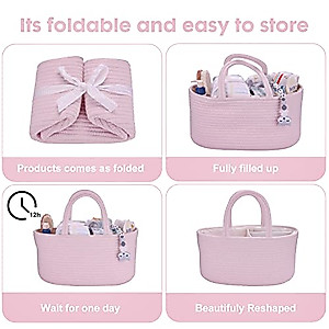 Baby Diaper Caddy Organizer for Girl Boy Rope Nursery Storage Bin Basket Portable Holder Tote Bag for Changing Table Car Travel Baby Shower Gifts Newborn Essentials Registry Must Have Items Pink