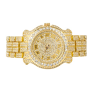 Techno Pave Men's 45mm Iced Out Roman Dial Watch with Bracelet Set - Gold Dial with Big Cuban Bracelet