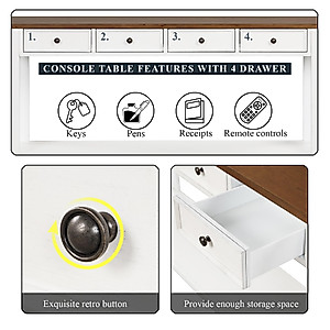 KLIECH 63" Pine Wood Console, Sofa 4 Drawers and 1 Bottom Shelf,Narrow Long Table for Living Room Entryway Hallway Bedroom,Antique White+ Brown Top