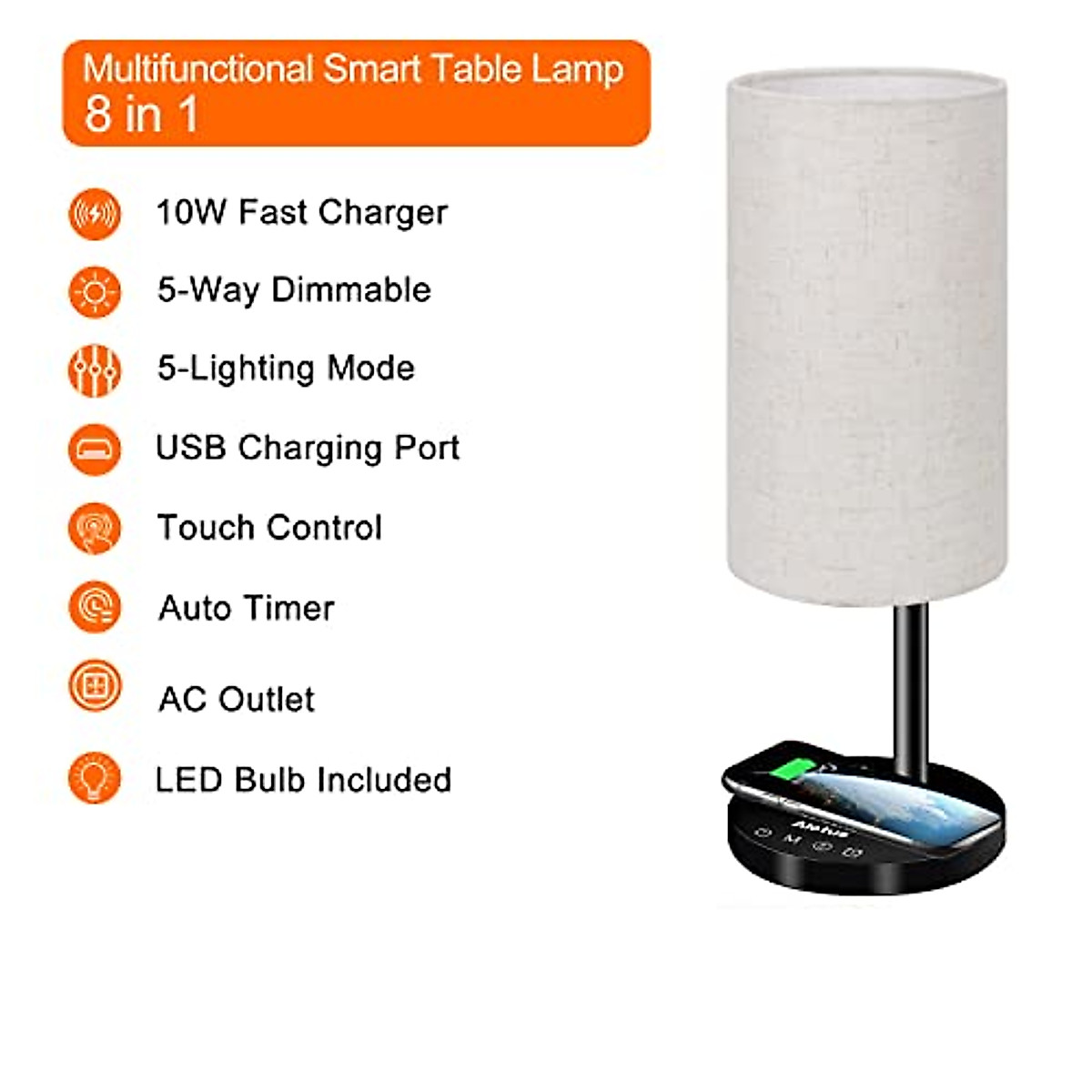 ALOTUS Multifunctional Table Lamp with 10W Fast Wireless Charger, USB Port, 5 Brightness,5 Lighting Mode,40/60 Min Auto Timer, Nightstand Bedside Lamp for Bedroom (LED Bulb Included)…