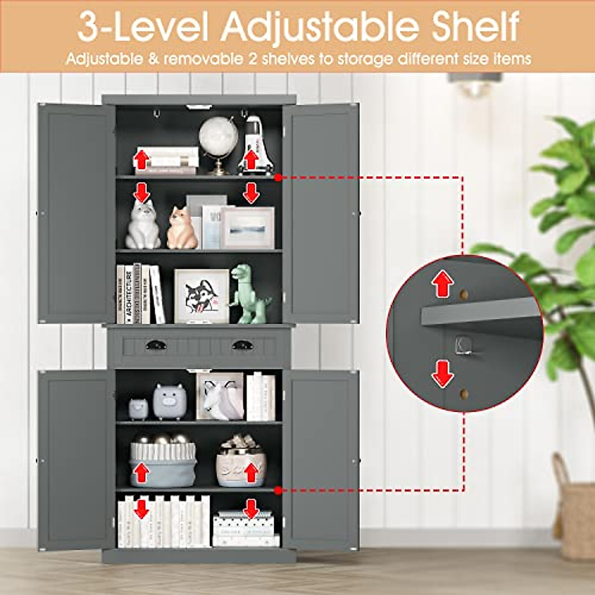 Function Home 72" Kitchen Pantry Cabinet, Tall Storage Cabinet, Freestanding Cupboard with Drawer and Adjustable Shelves, Pantry Cabinets for Kitchen Bathroom Living Room, Grey