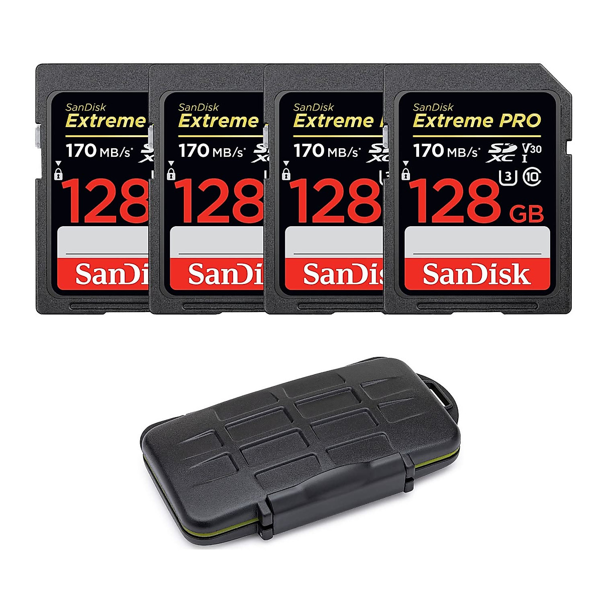 SanDisk 128GB Extreme PRO 170 MB/s UHS-I SDXC Memory Card (4-Pack) Bundle with Storage Carrying Case (5 Items)