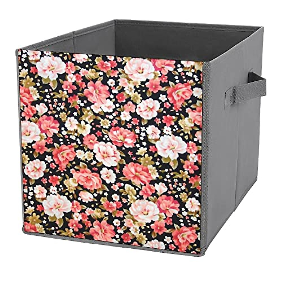 Red and Pink Floral PU Leather Collapsible Storage Bins Canvas Cube Organizer Basket with Handles