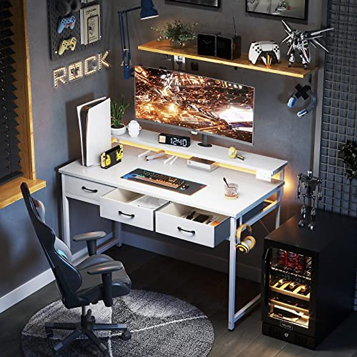 ODK 48 Inch Computer Desk with 3 Drawer and Large Storage Shelves, Home Office Desk with Monitor Shelf, Modern Work Writing Study Desk, White