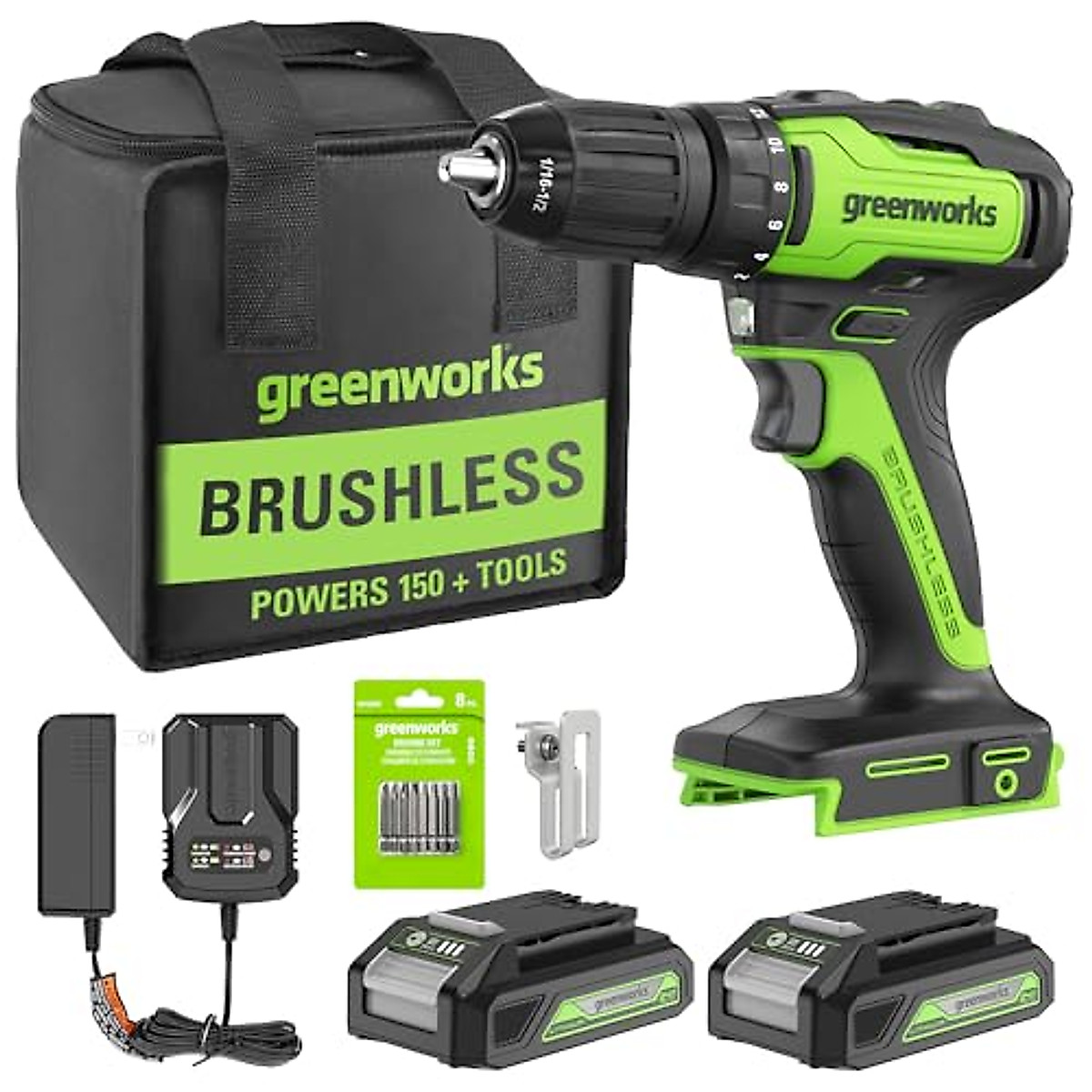 Greenworks 24V Brushless Cordless Drill Kit, 310 in./lbs, 18+1 Position Clutch, 1/2 '' Keyless Chuck, Variable Speed, (2)2Ah Batteries with 2A Charger, LED Light, 8pcs Drill Bits with Tool Bag