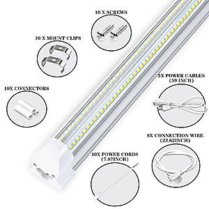 Gugsey 8Ft LED Shop Light Fixture - 100W 15500LM T8 Shop Lights for Garage, 6000K 8 Foot Daylight V Shape Linkable Garage Lights, High Output Clear Cover Plug and Play (10 Pack)