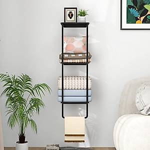 LSK Wall Blanket Holder, 3 Tier Blanket Storage for Living Room, 40 Inch Blanket Wall Rack with Shelves, Towel Blanket Ladder with Blanket Bar for Hanging Small Blankets, Baby Quilts, Matte Black