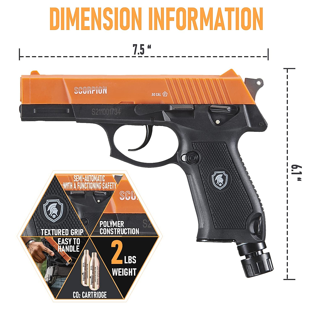 Lancer Tactical Scorpion 0.5 Caliber CO2 Non-Blowback Air Self Defense-Less Lethal, Ideal for Home and Personal Defense-Police-Grade Pepper Projectile Gun (Orange)